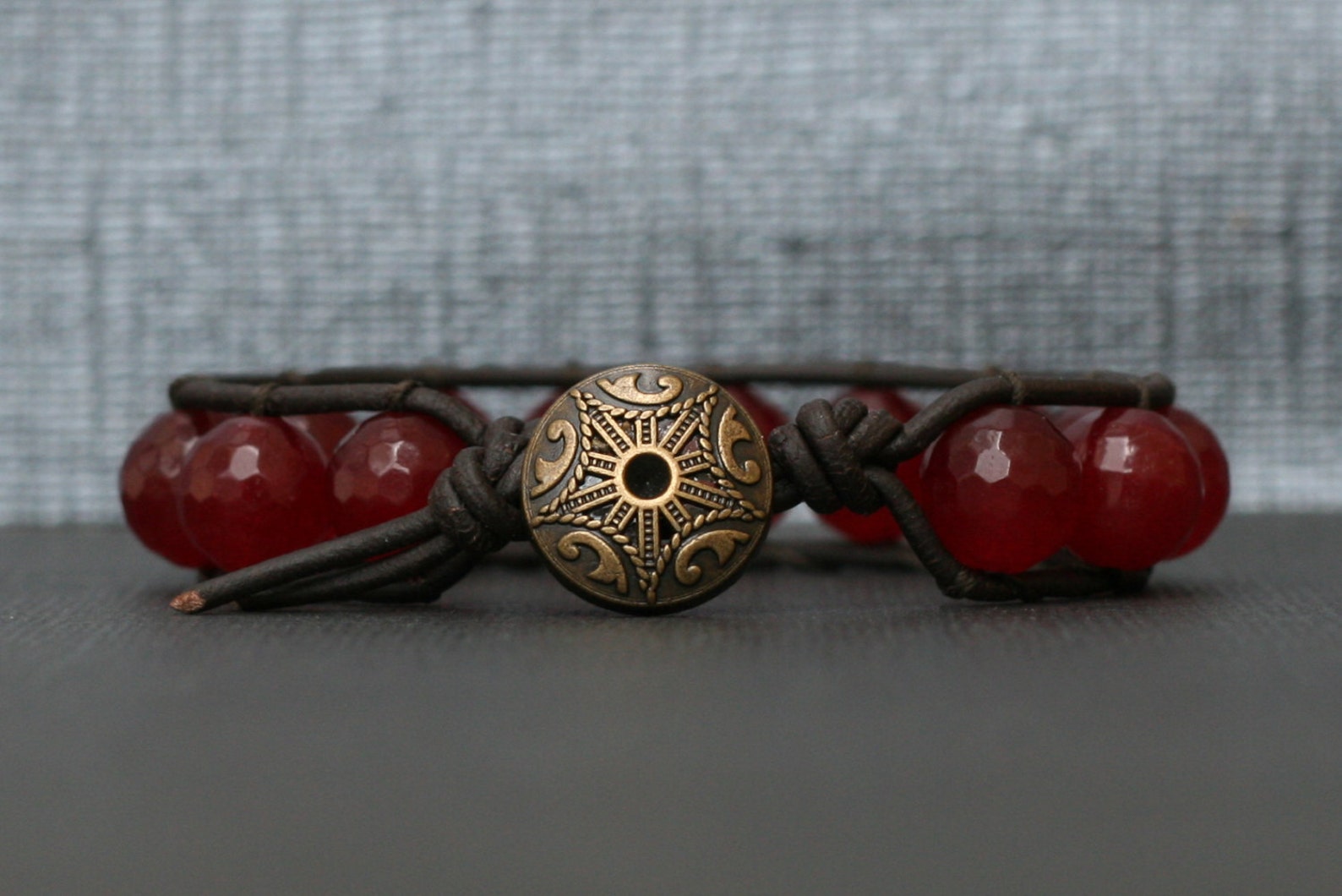 Ruby Red Jade on Black Brown Leather Boho Wrap Bracelet | Etsy