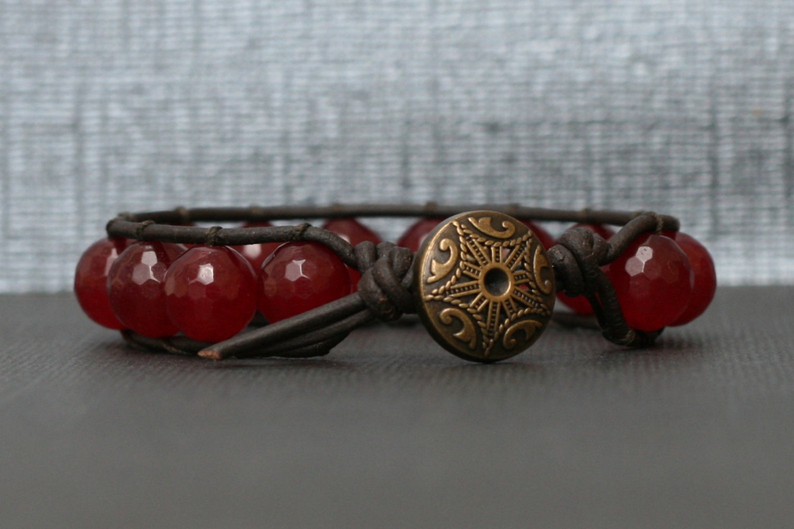 Ruby Red Jade on Black Brown Leather Boho Wrap Bracelet | Etsy