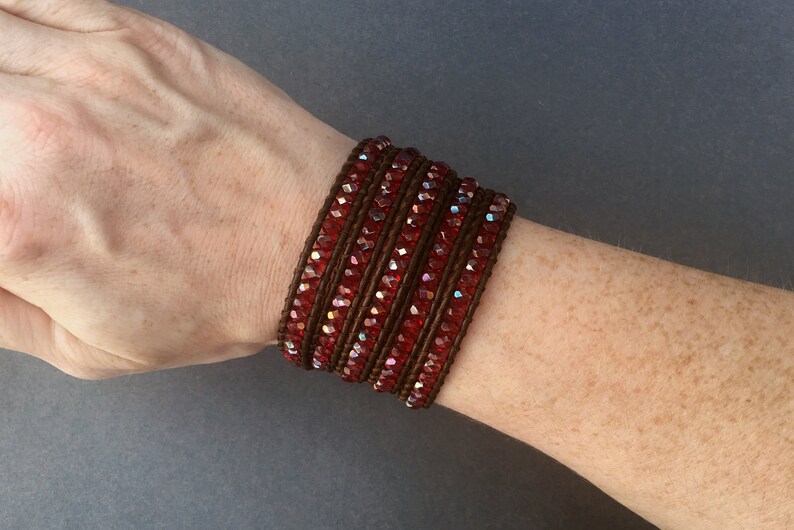 Ruby Crystal Wrap Bracelet- Ruby Red Aurora Borealis Crystal on Dark ...