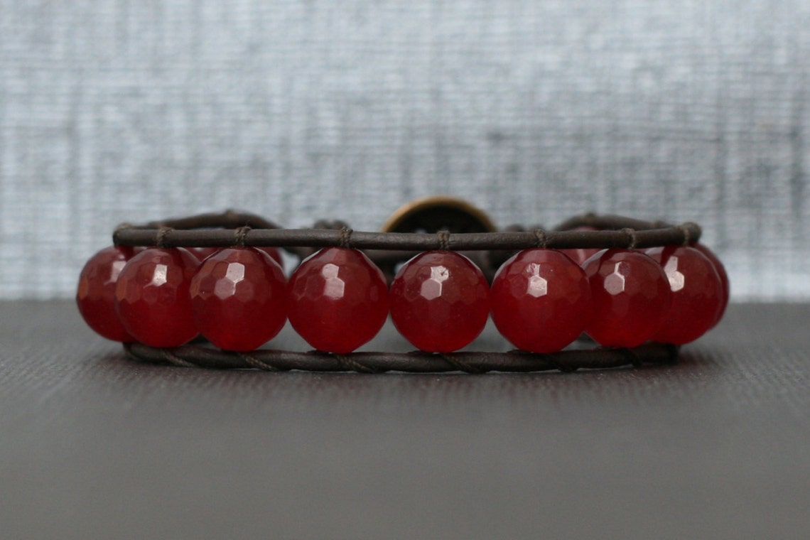 Ruby Red Jade on Black Brown Leather Boho Wrap Bracelet | Etsy