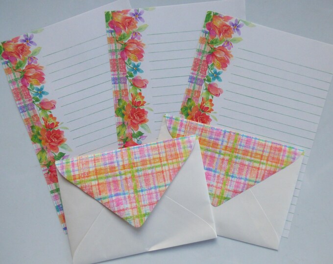 Vintage Floral Stationery Set: 80s-90s Plaid Envelopes, Pen Pal Snail ...