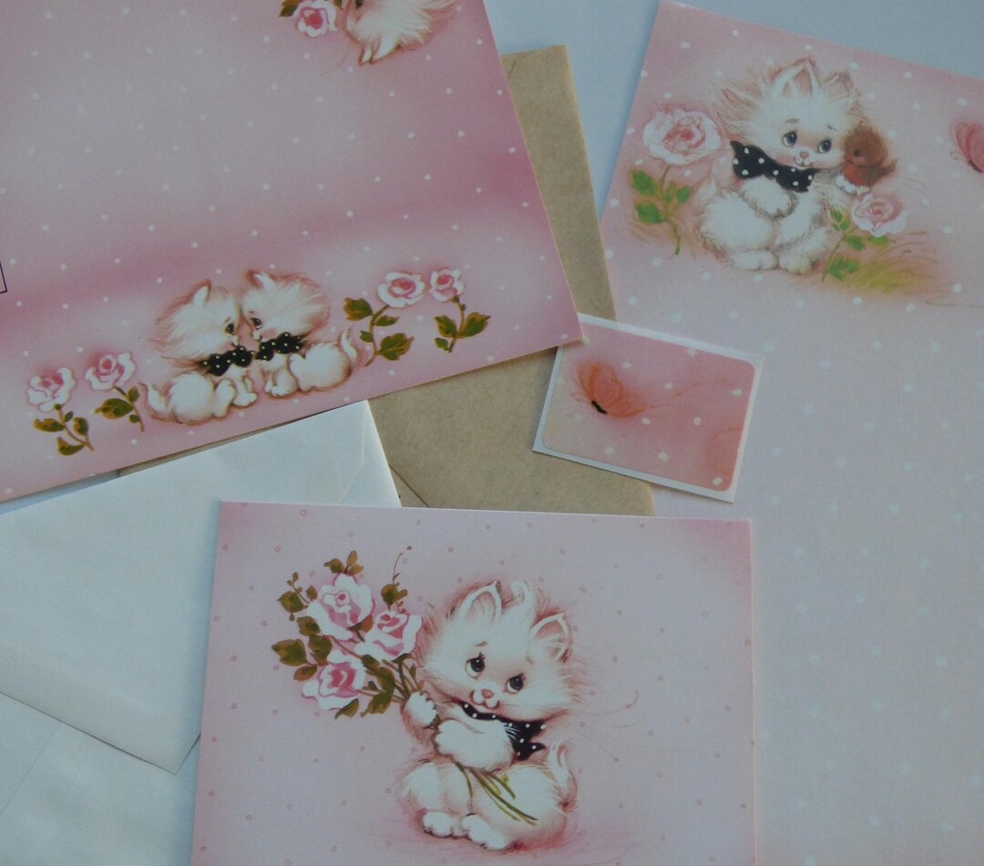 Vintage Stationery ~ White Kittens ~ 80's ~ Polka Dots ~ Pink Roses ...