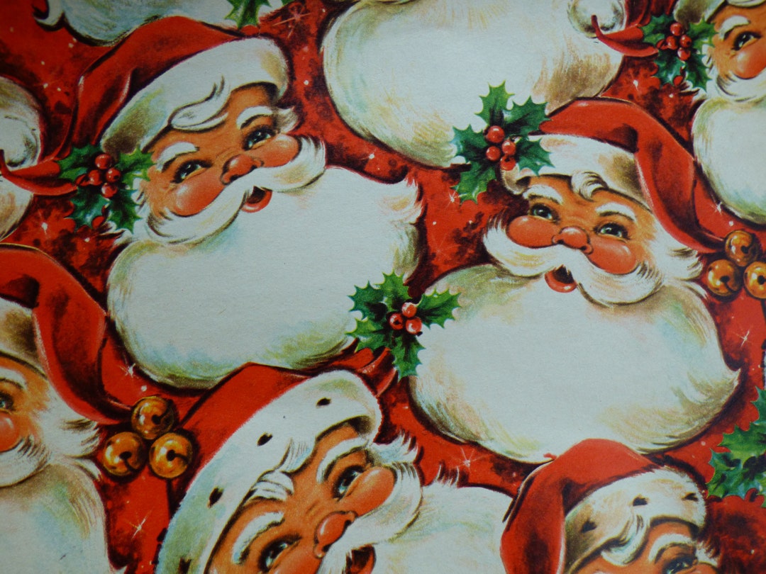 Vintage 50's 60's Gift Wrap Sheet Santa Faces Mid Century Modern MCM ...