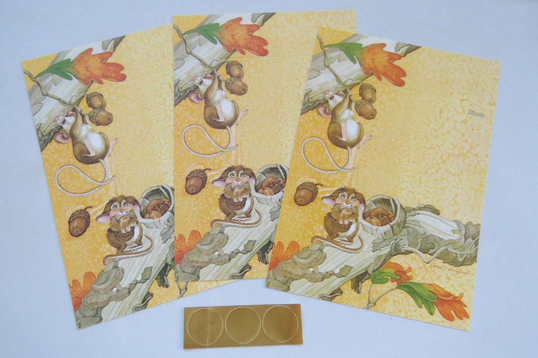 Vintage Trio Current Fold A Note Stationery W/ Seals Mice in Oak Tree ...