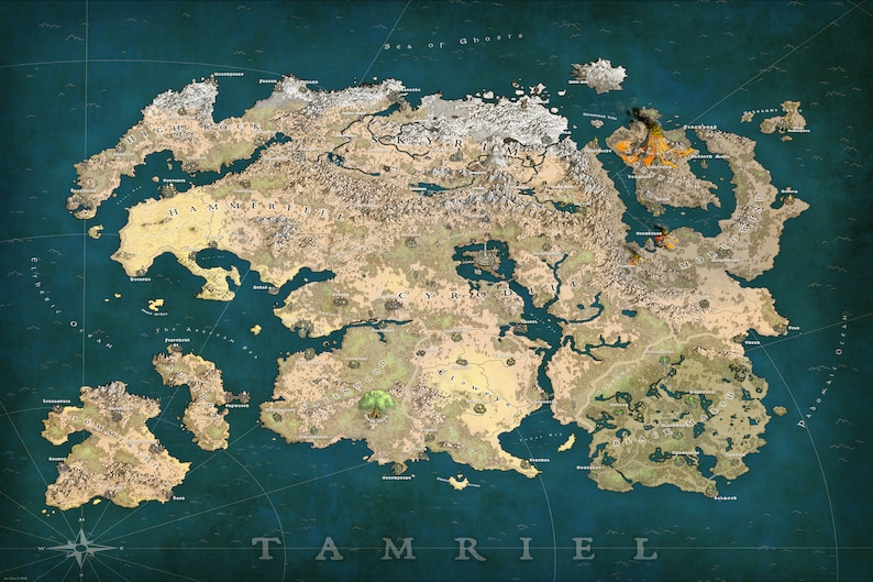 Tamriel Map, Wall Art Print, the Elder Scrolls, Skyrim, Oblivion ...