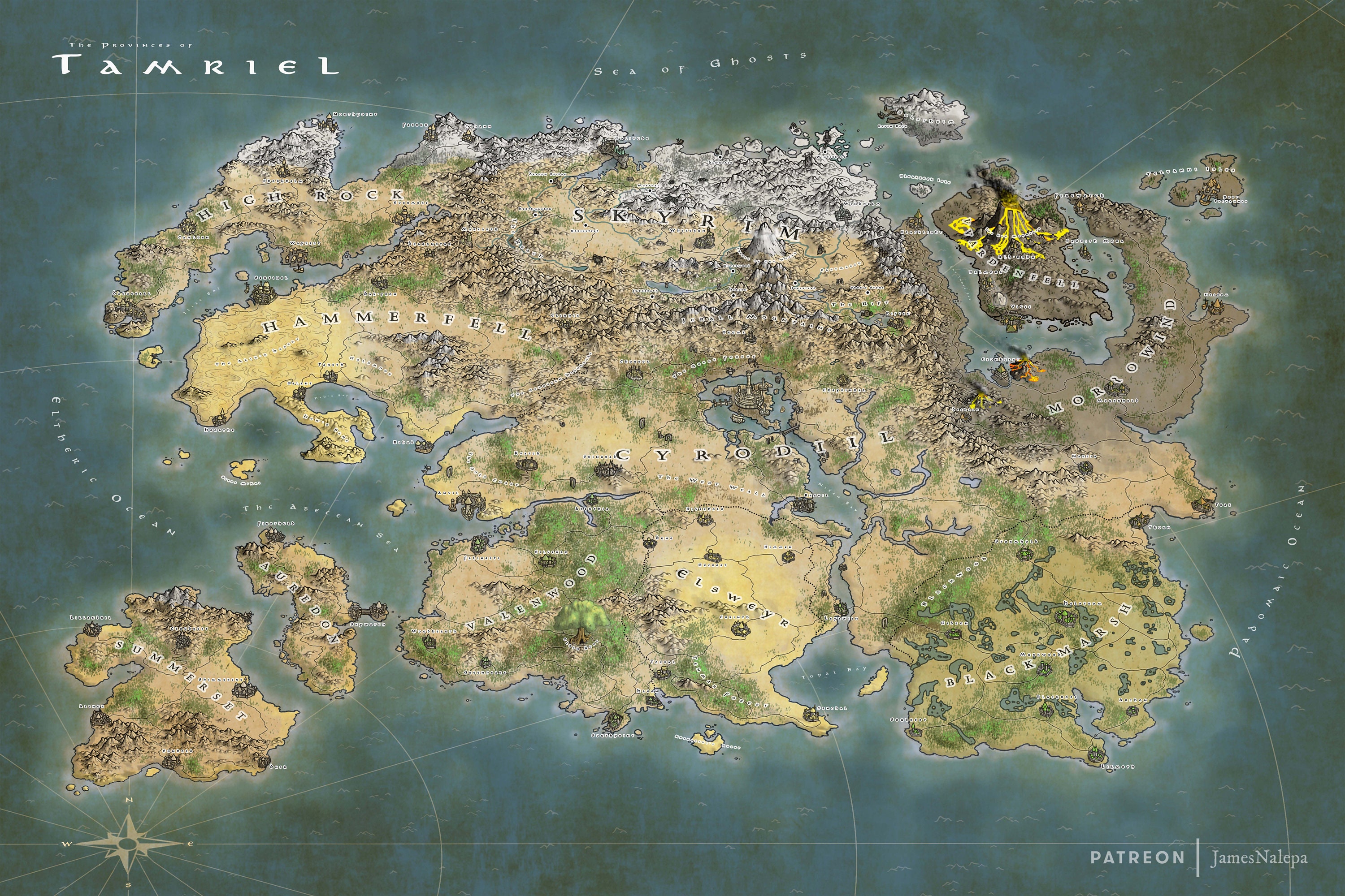 Tamriel Map, Wall Art Print, the Elder Scrolls, Skyrim, Oblivion ...
