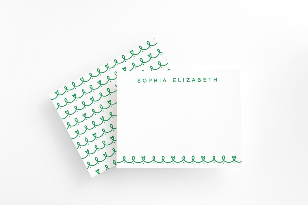 Personalized Girls Stationery Set: Green Heart Note Cards - Etsy