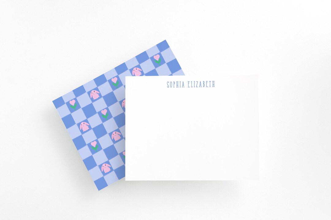 Whimsical Periwinkle Bunny Stationery Set for Kids | Adorable Checked ...