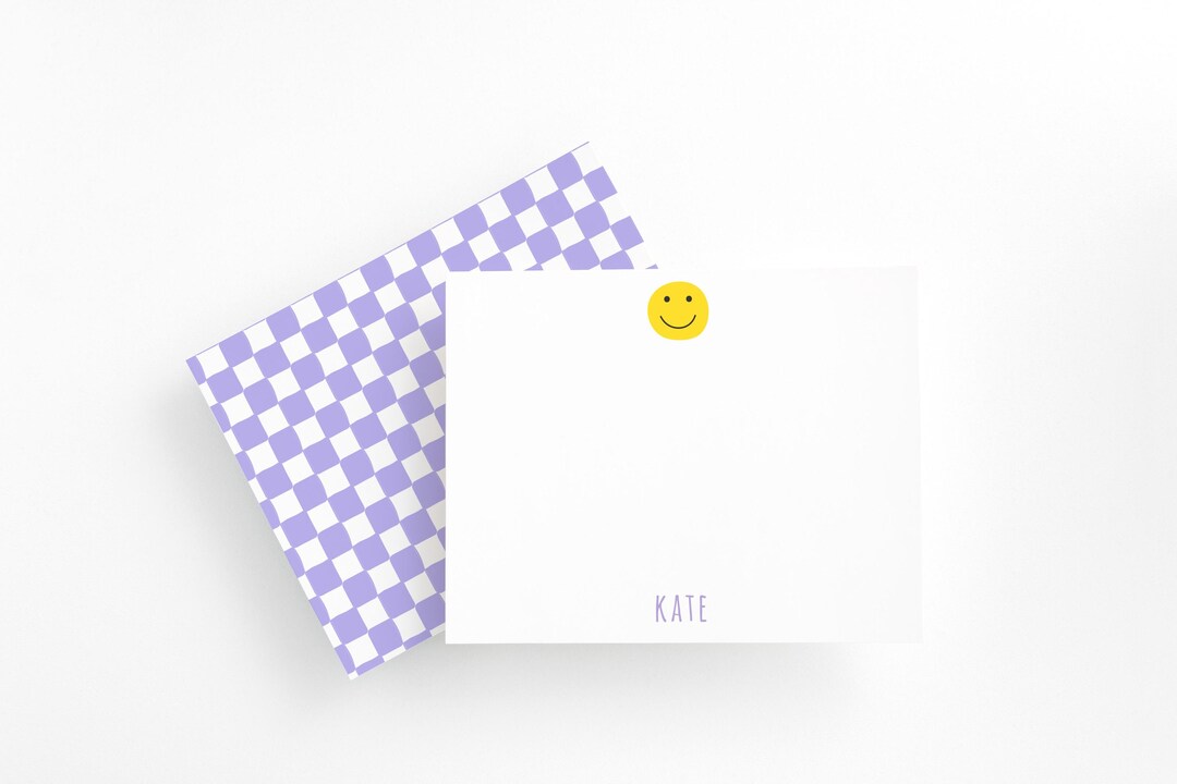 Personalized Smiley Face Stationery Set – Lavender Checkerboard Note ...