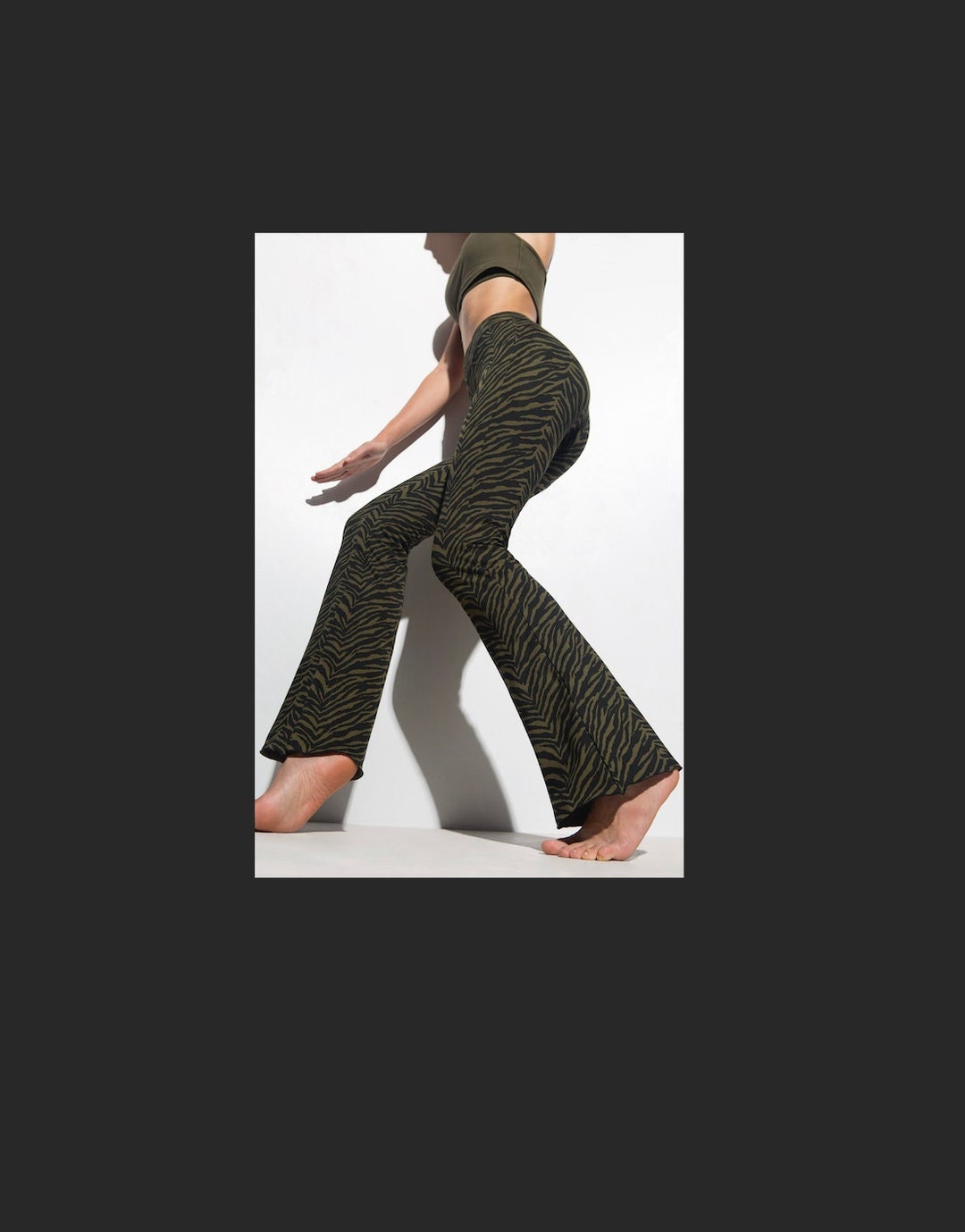 Olive-green Black Zebra Flares, Cotton Elastane Flare Leggings, Bootleg ...