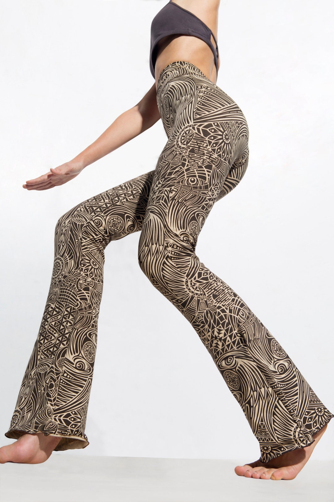 Flares TRIBAL Eagle Cream Brown Bootleg Leggings High Waist Yoga Wear ...
