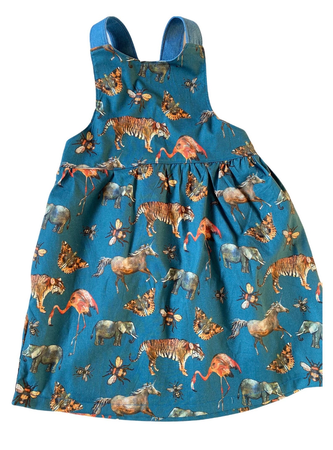 Blue Safari Wild Animal Print Pinafore Girls Cotton Dress Size With ...