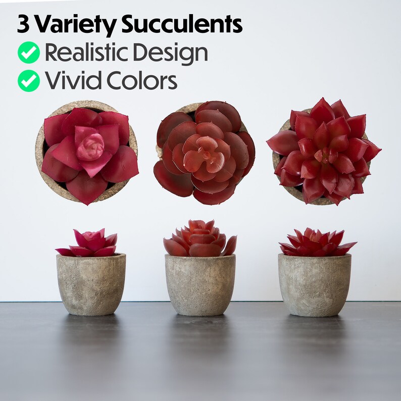 3 Red Artificial Succulents Plants Mini Faux Fake Potted DIY | Etsy