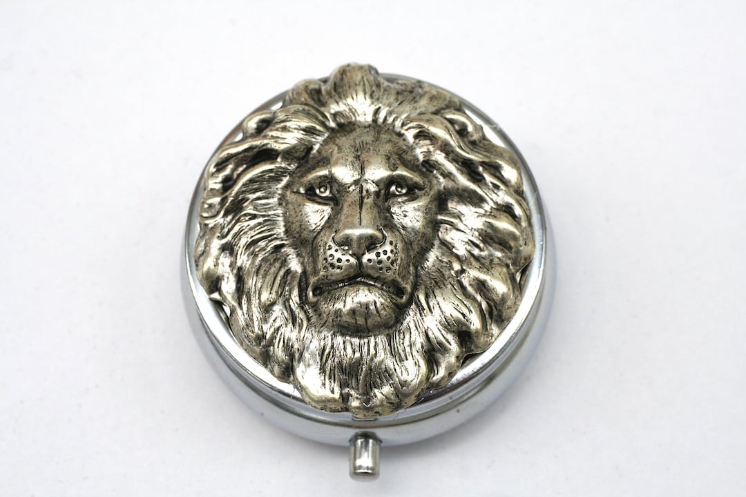 Lion Pill Box, Silver Pill Box, Lion Head Pill Box, Pill Organizer ...