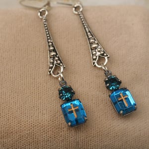 Vintage Cross Earrings: Blue Zircon Crystal, Silver Plated Religious ...