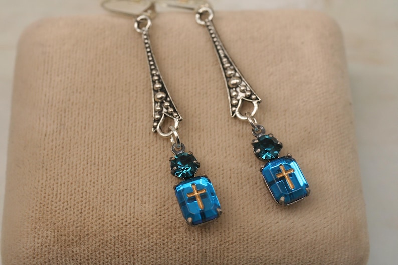 Vintage Cross Earrings: Blue Zircon Crystal, Silver Plated Religious ...