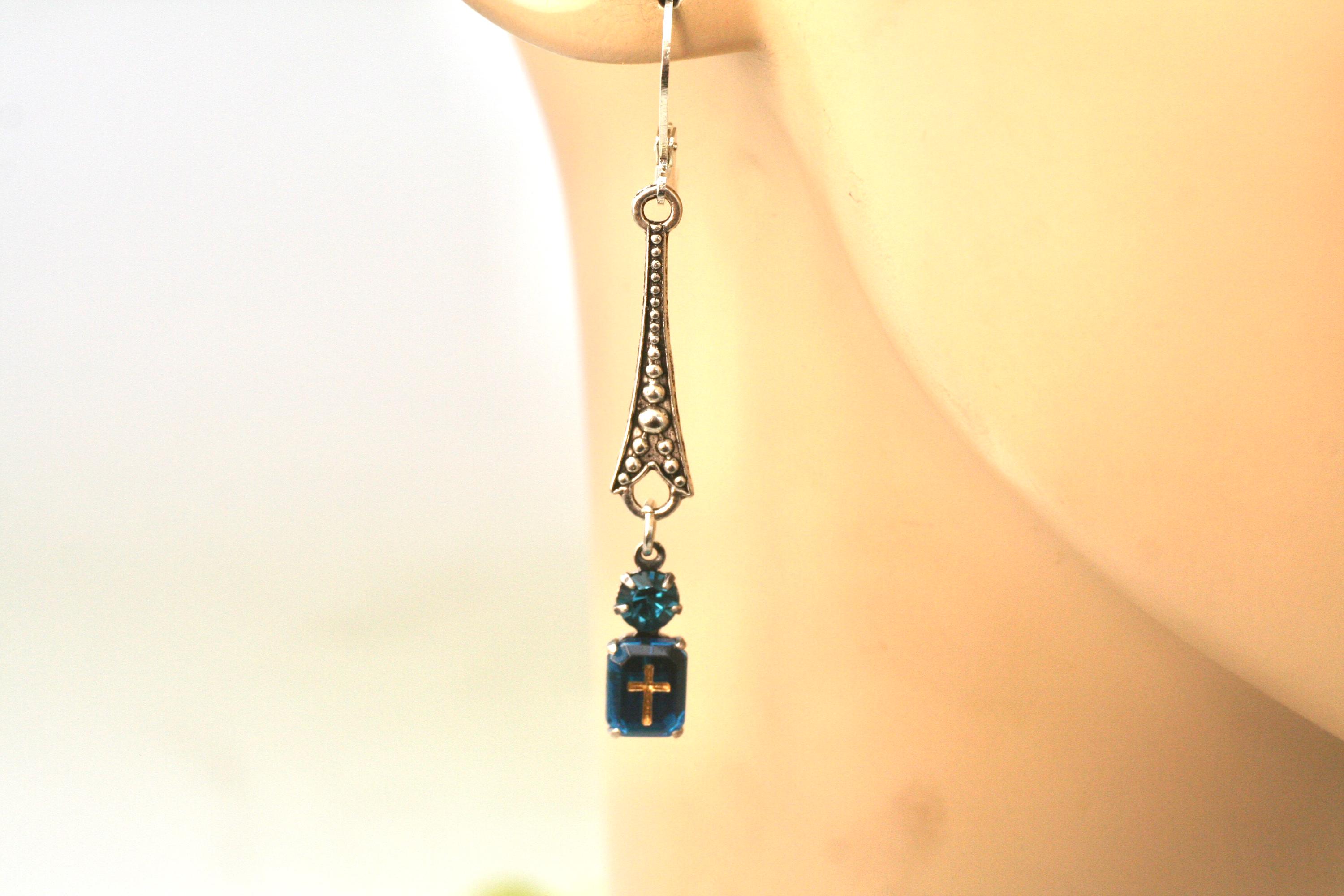 Vintage Cross Earrings: Blue Zircon Crystal, Silver Plated Religious ...