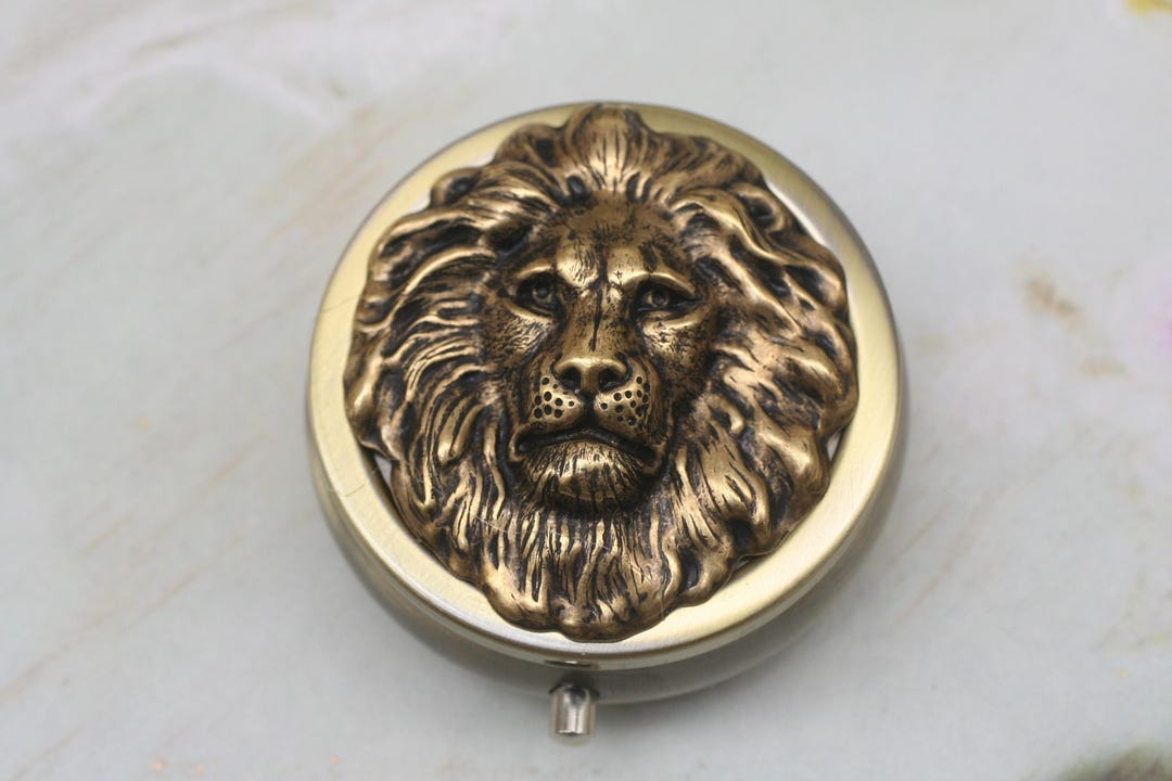 Small Round Bronze Pill Box- Lion Pill Box- Pill Case- Pill Organizer ...