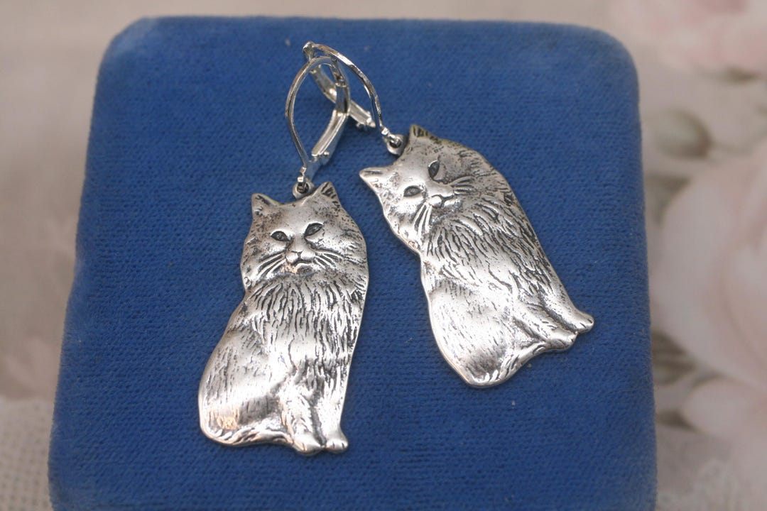 Silver Cat Lever Back Earrings - Gift for Cat Lover - Etsy