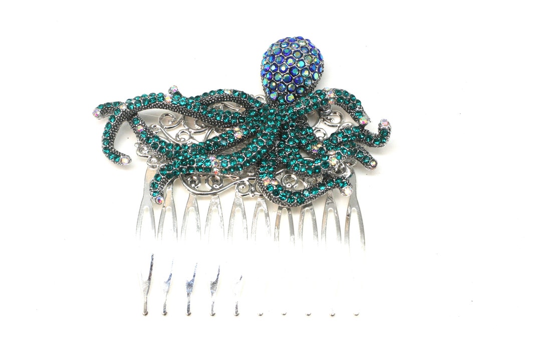 Green Crystal Octopus Hair Comb Silver Hair Comb Hair - Etsy