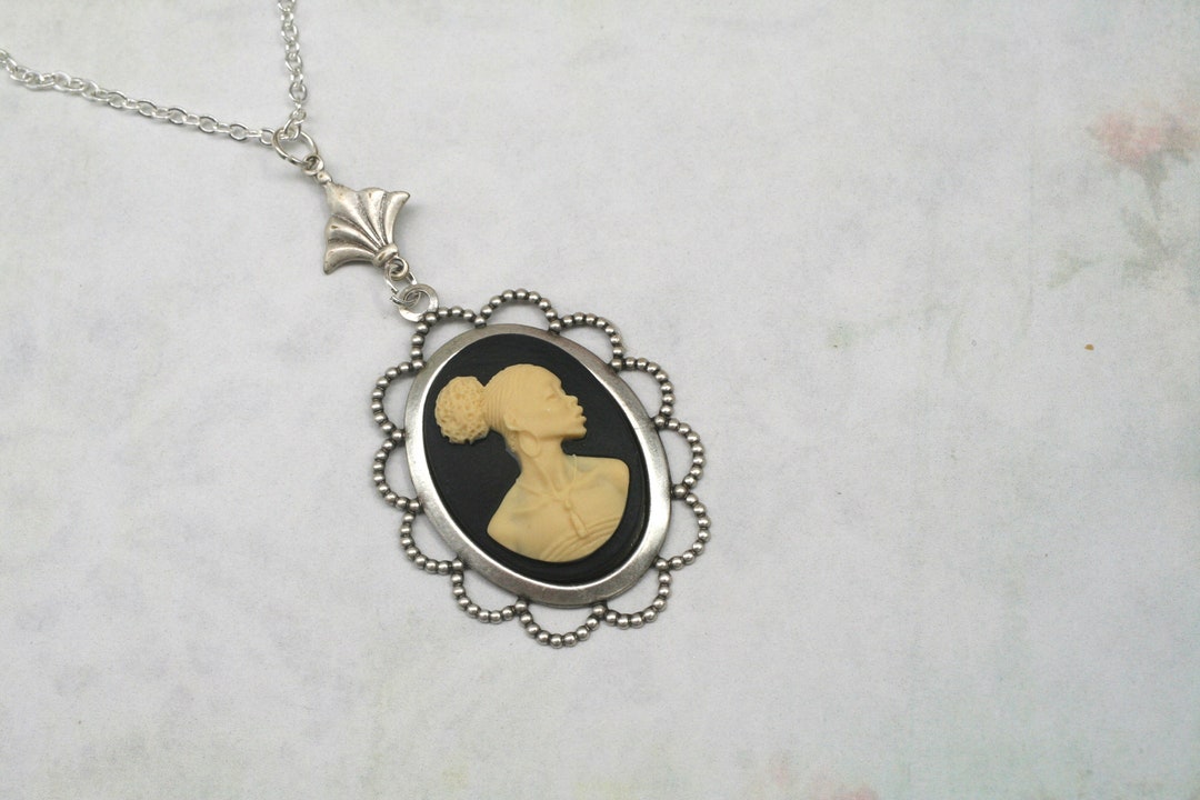 African Lady Cameo Necklace Black and Cream Necklace Cameo Jewelry Silver Necklace Kwanzaa Gift ...