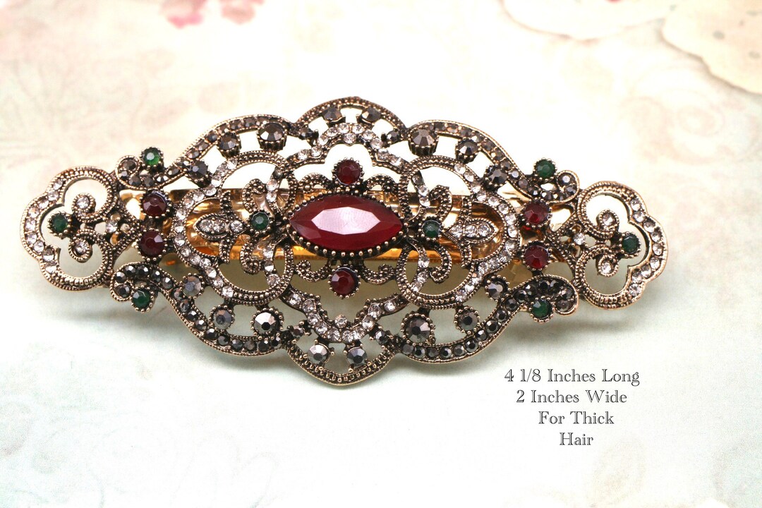 Large Art Deco Style Hair Barrette Red and Black With Clear Crystals ...