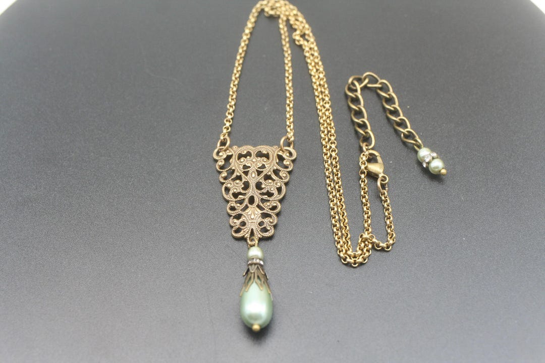 Antiqued Brass Filigree Necklace: Sage Green Teardrop Pearl, Vintage ...