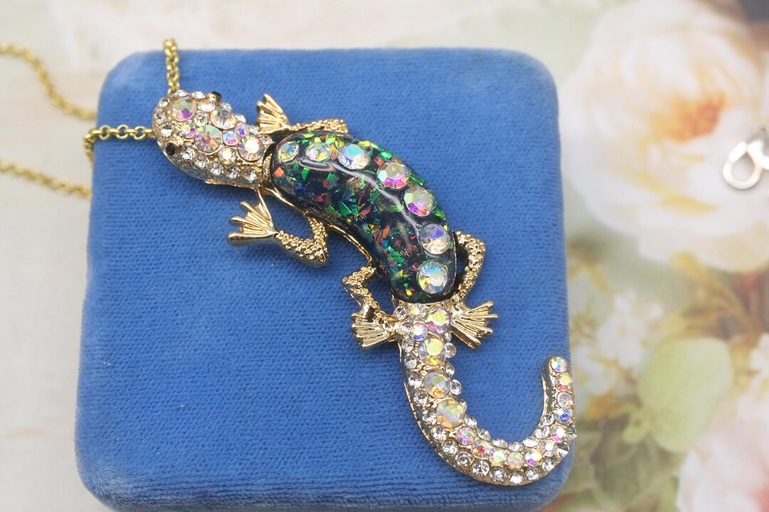 Lizard Gecko Necklace- Rhinestone Necklace- Animal Necklace- Statement ...