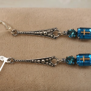 Vintage Cross Earrings: Blue Zircon Crystal, Silver Plated Religious ...