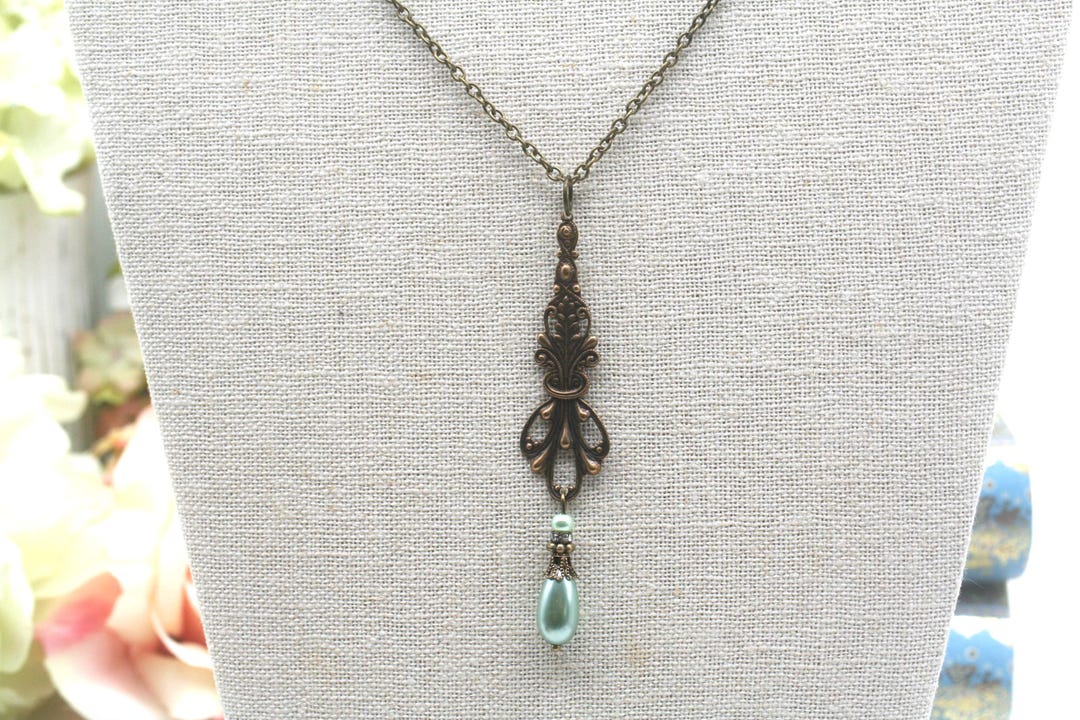 Victorian Filigree Necklace: Sage Green Teardrop Pearl, Brass - Etsy