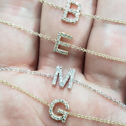 14kt Gold Initial Diamond Bangle Letter Bracelet Initial - Etsy