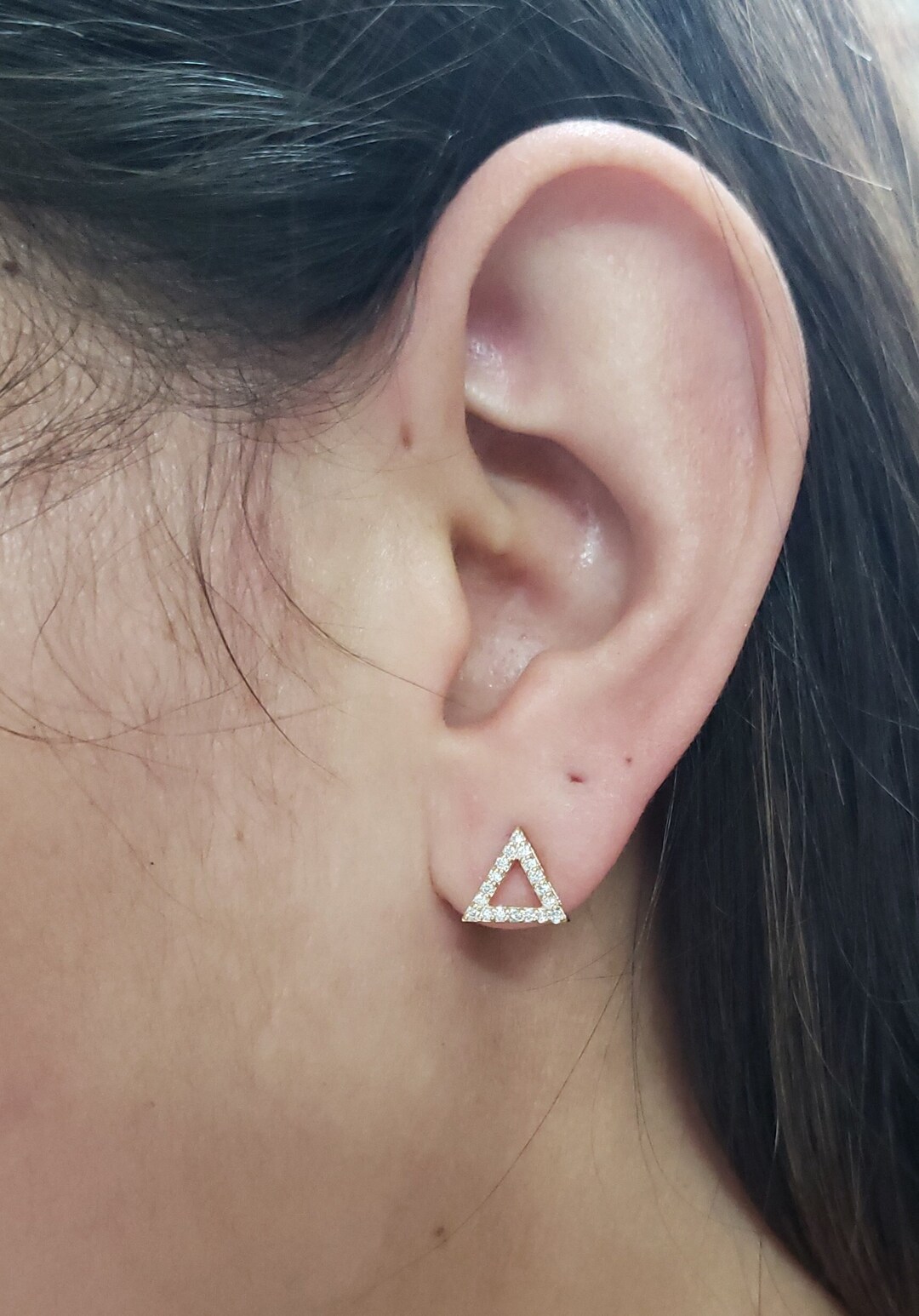14K Gold Diamond Earrings, Open Triangle Diamond Earrings, Triangle ...