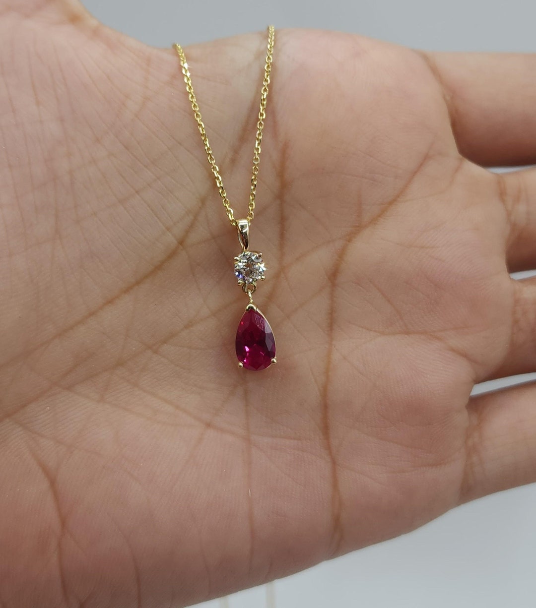 14kt Gold Ruby Necklace, Ruby Teardrop Necklace, Lab Grown Diamond Ruby Pendant, July Birthstone ...