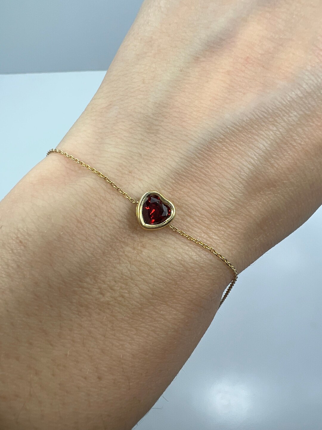 14kt Gold Ruby Bracelet, Ruby Heart Bracelet, Ruby Bezel Bracelet, Ruby ...