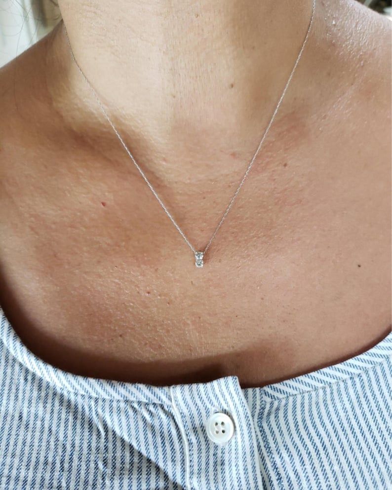 14K Gold Diamond Necklace 2 Stone Diamond Necklace Real - Etsy
