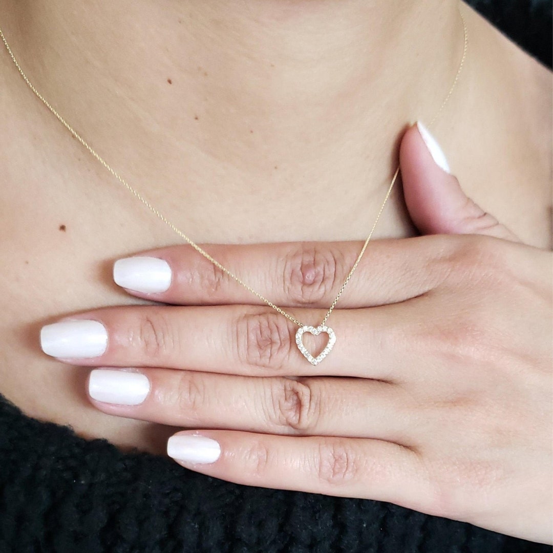 Open Heart Necklace, 14K Gold Diamond Pendant, Solid 14kt Gold Diamond ...
