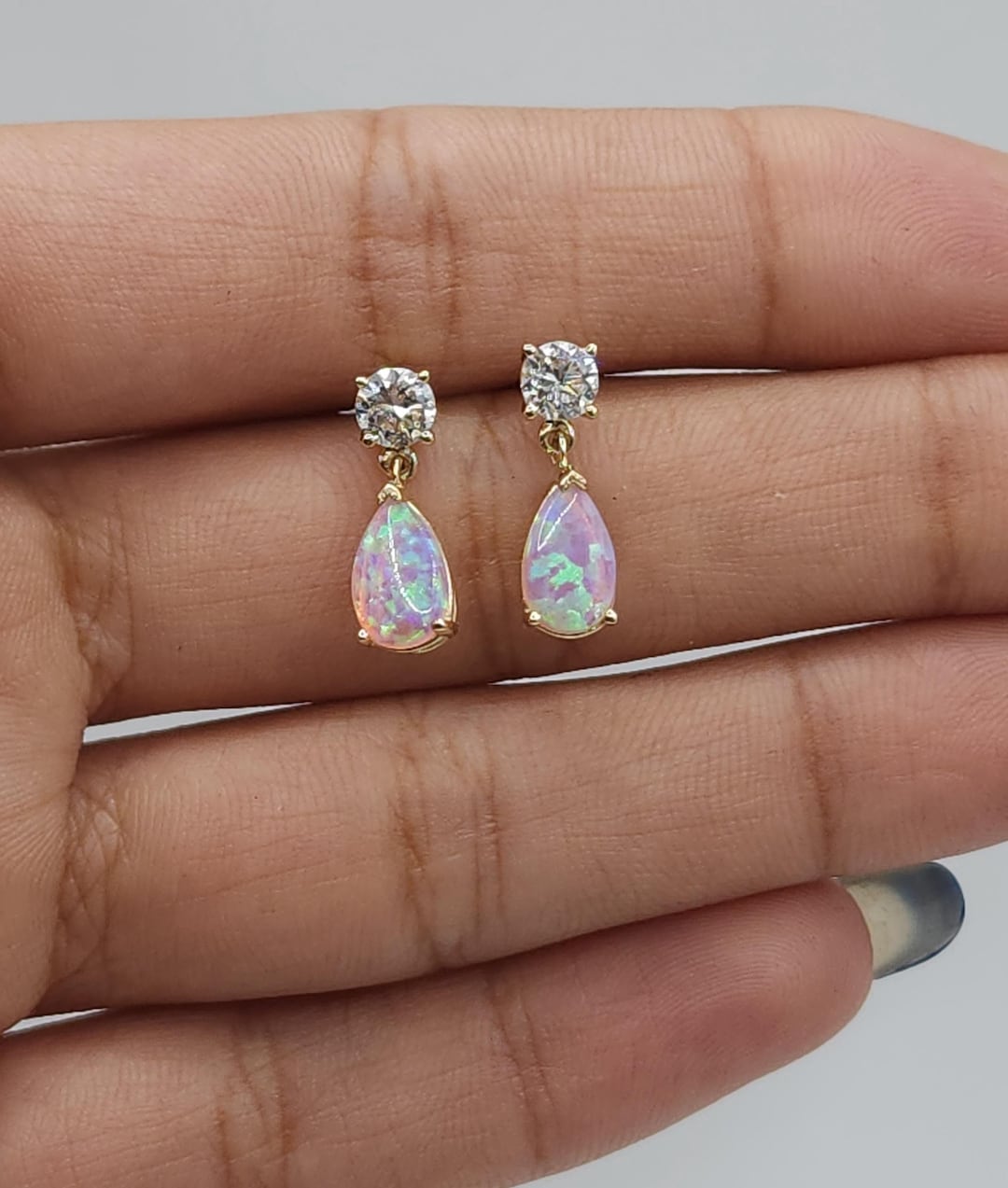 14K Gold Pink Opal Earrings, Opal Diamond Earrings, Lab Grown Diamond ...