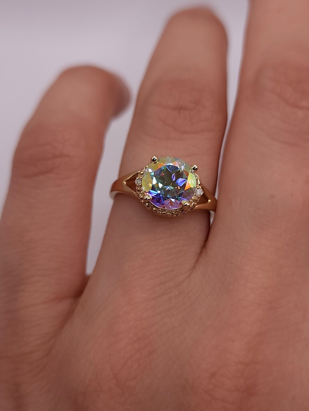 14kt Gold 2 Ct Natural Mercury Mist Mystic Topaz & Diamond Halo Design ...