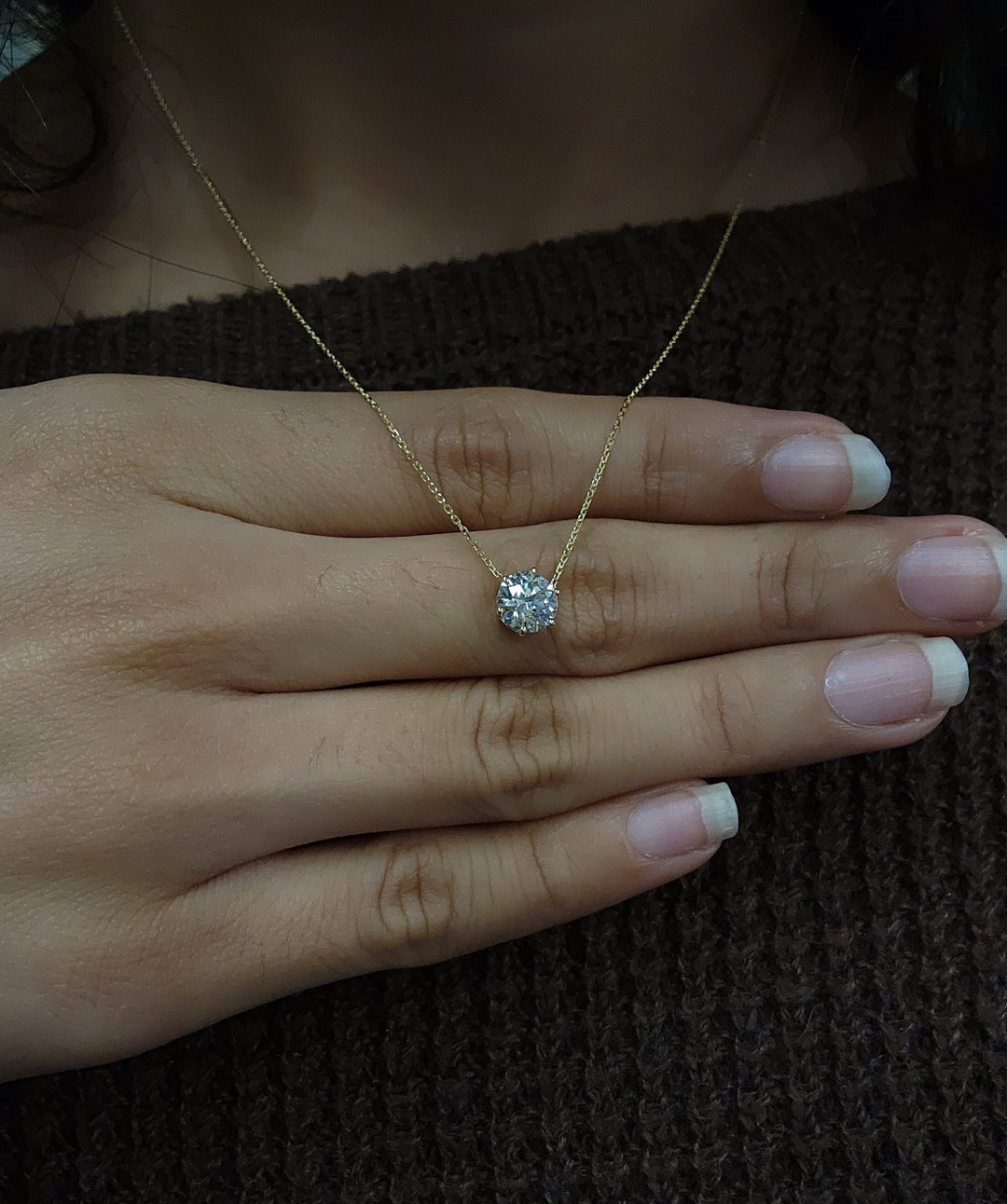 14K Gold 1 Ct Diamond Necklace, Lab Grown Diamond Pendant, 6 Prong ...