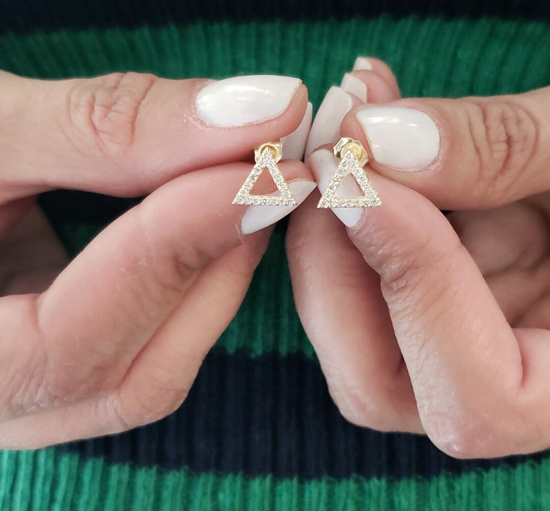 14K Gold Diamond Earrings, Open Triangle Diamond Earrings, Triangle ...