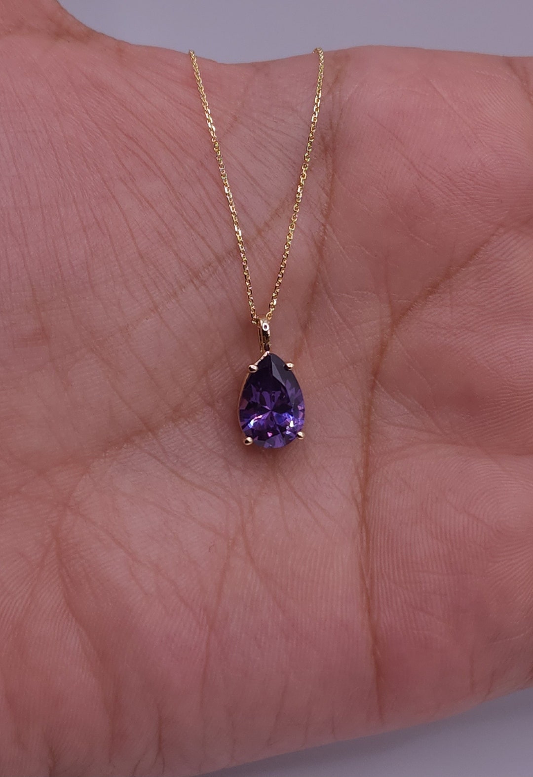 14kt Gold Amethyst Teardrop Necklace, 1.5 Ct Amethyst Pendant, February ...