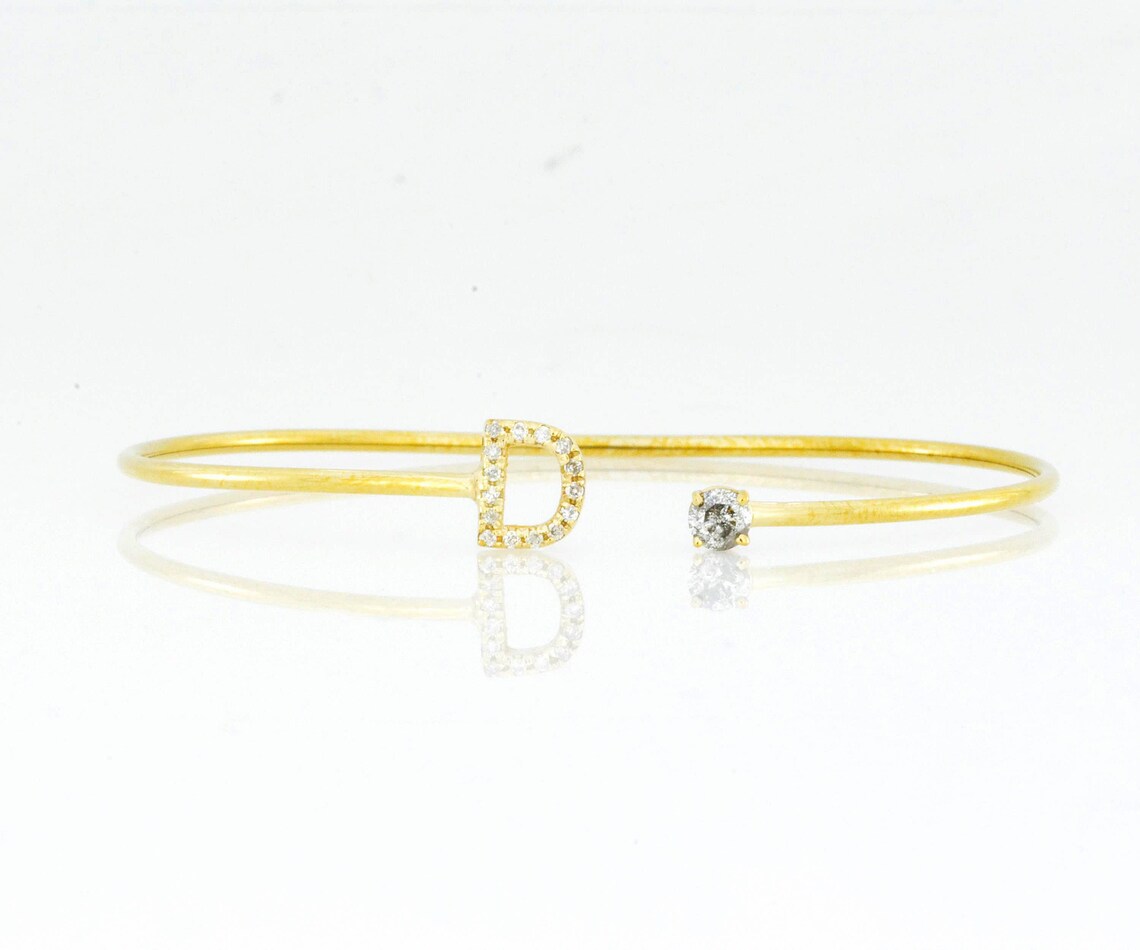 14kt Gold Initial Diamond Bangle Letter Bracelet Initial | Etsy