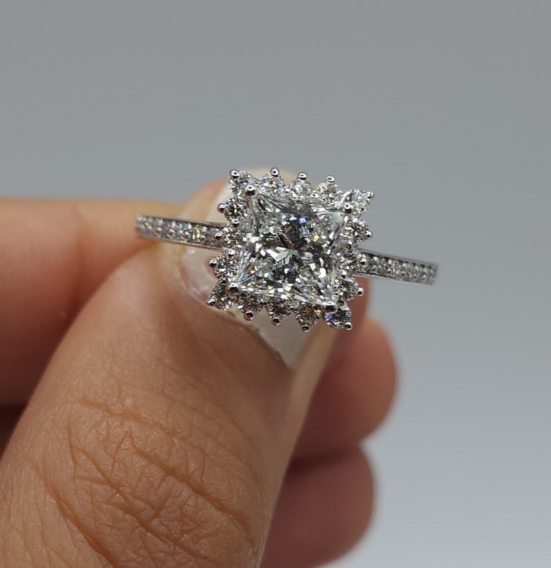 1.63 Ct Diamond Ring, 14K Gold Diamond Halo Engagement Ring, Lab Grown ...