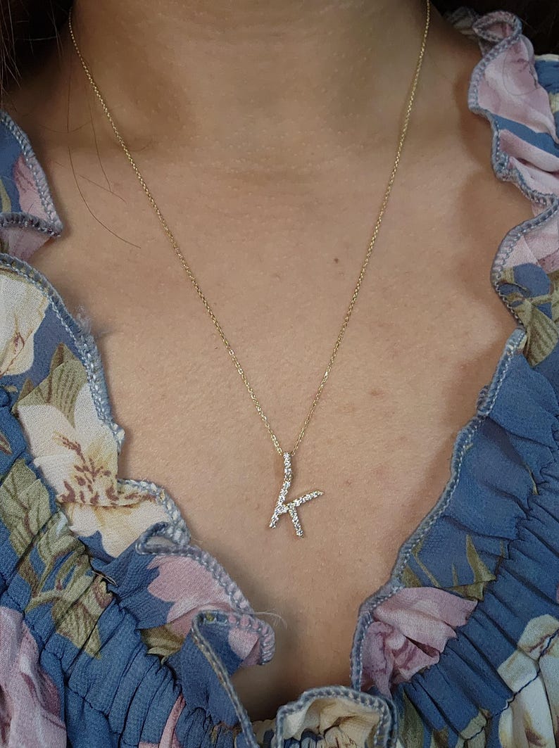 Natural Diamond Initial Necklace, 14K Gold Letter Pendant Necklace, 0. ...