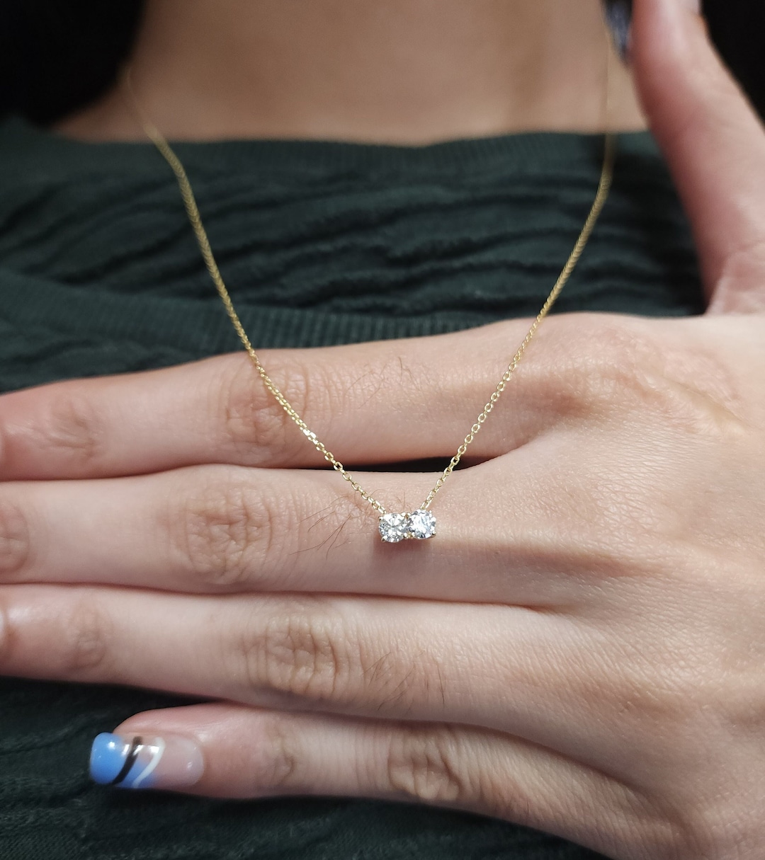 2 Stone Diamond Necklace, 14K Gold 0.30 Ct Lab Grown Diamond Pendant ...