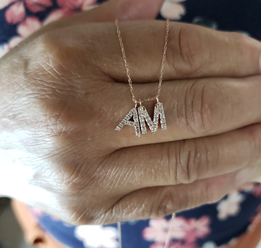2 Initials 14kt Gold Diamond Initial Necklace, Straight Letter Necklace ...