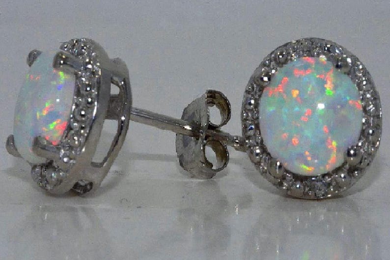 14kt Gold Opal Diamond Earrings, 14kt White Gold Opal Studs, Opal ...