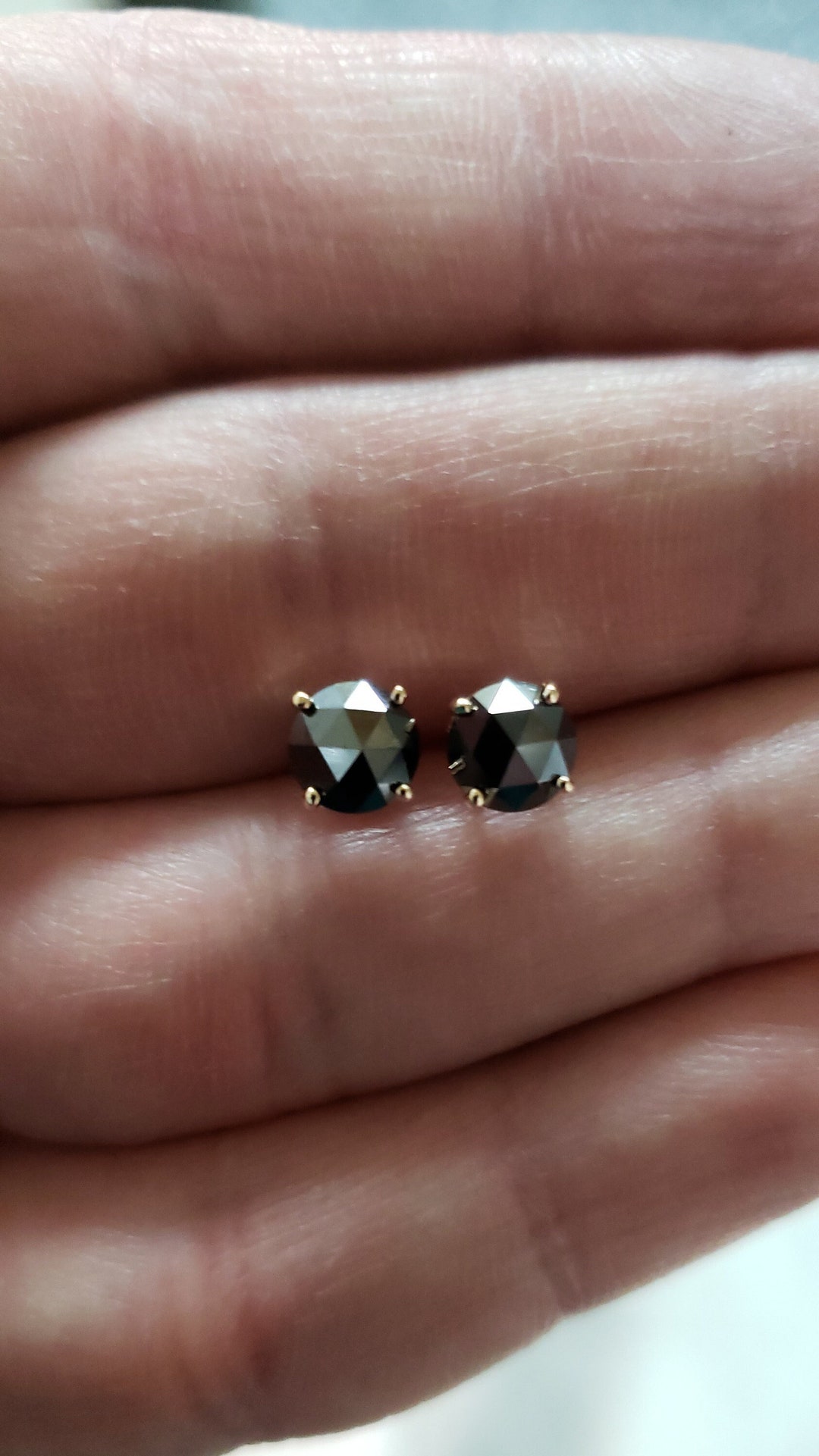 14kt Gold 1.50 Ct Black Diamond Earrings, Genuine Rose Cut Black ...