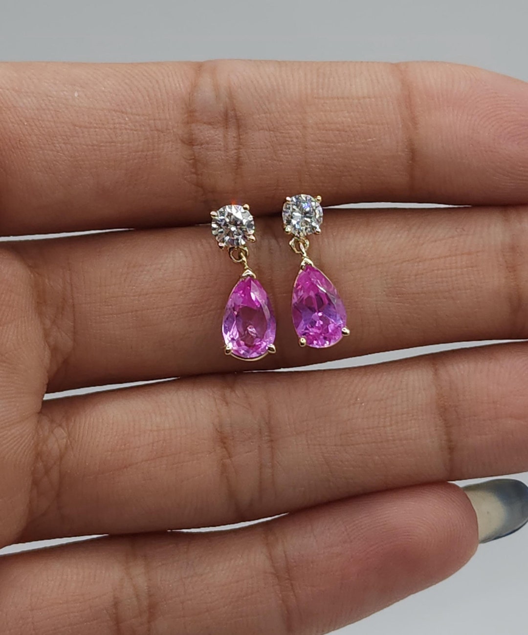 14K Gold Pink Sapphire Earrings, Sapphire Diamond Earrings, Lab Grown ...
