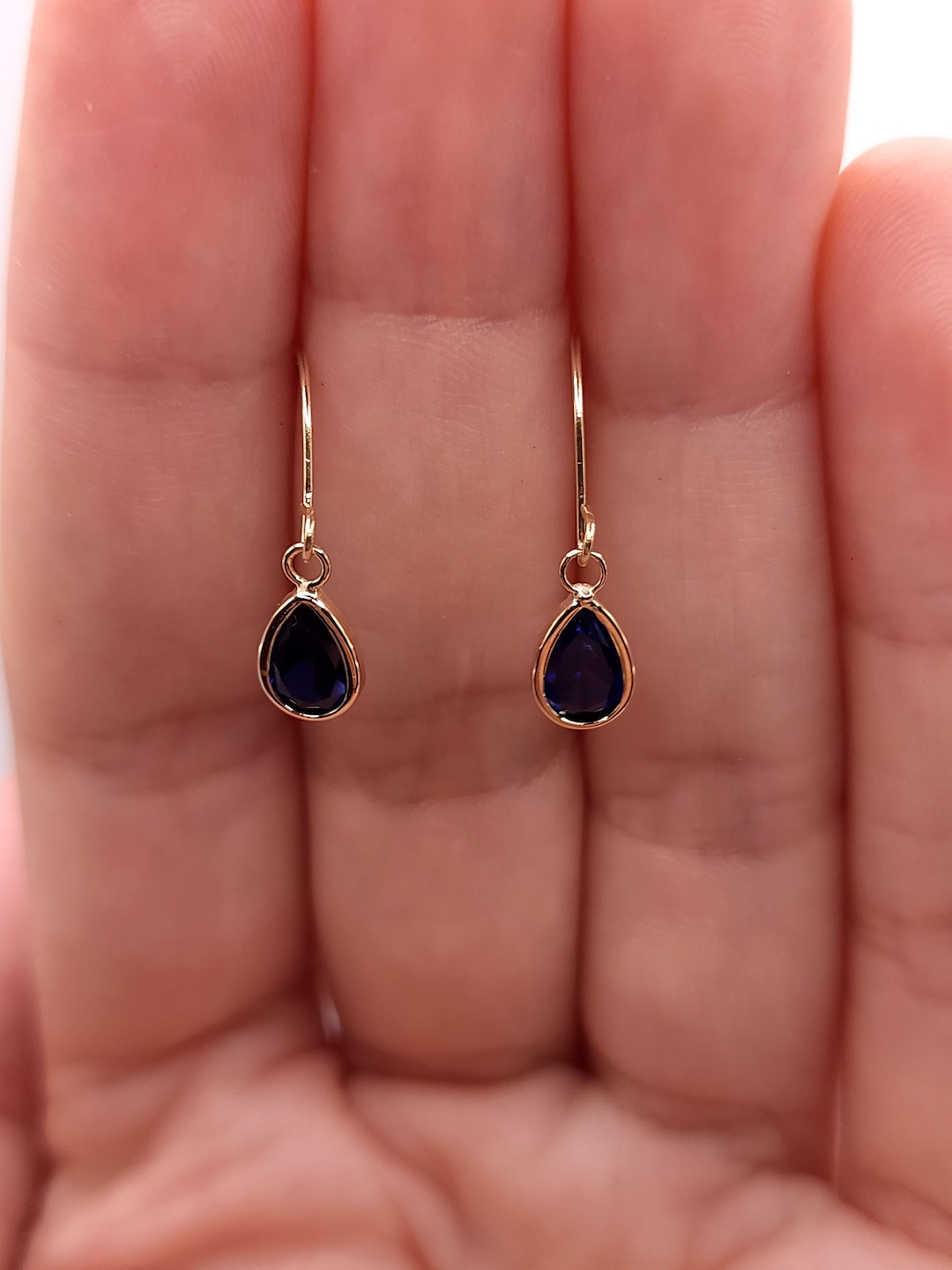 14K Gold Blue Sapphire Teardrop Bezel Dangle Earrings, September ...
